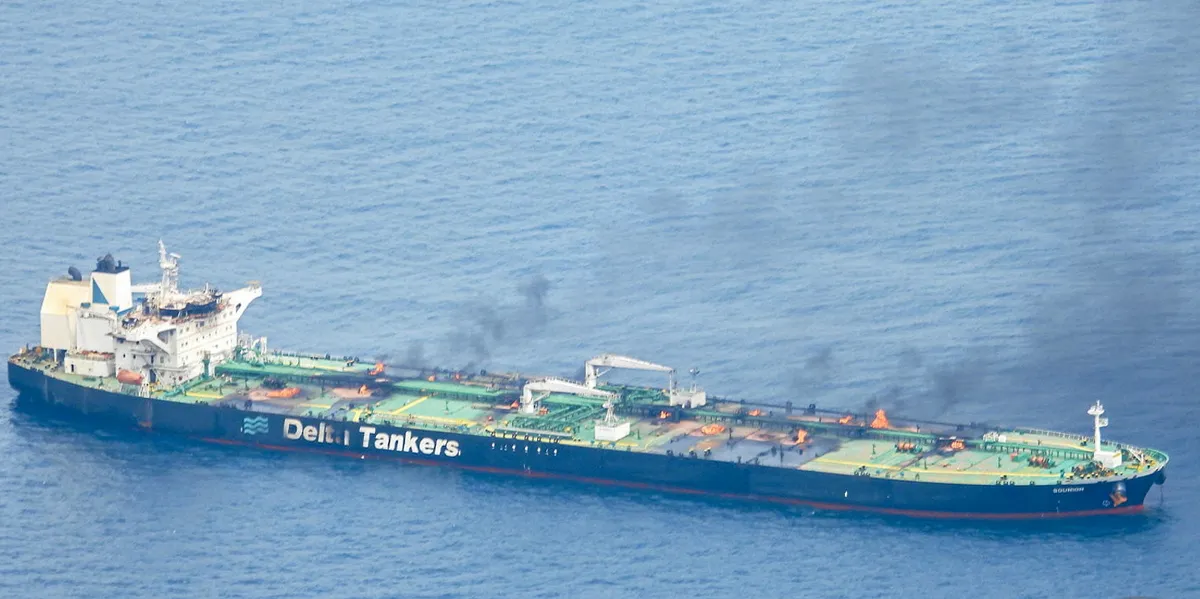 Dramatic pictures show fire burning on tanker hit by brutal Houthi ...