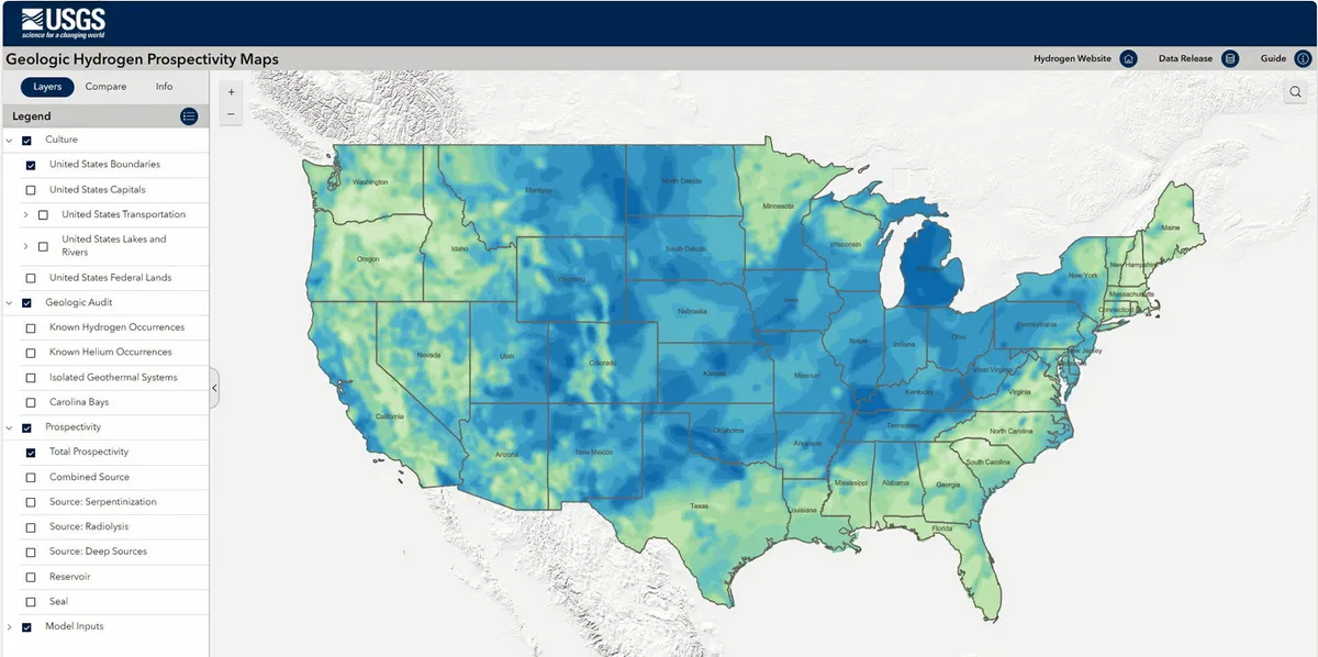 Map plotting likelihood of natural hydrogen occurrences across the US ...